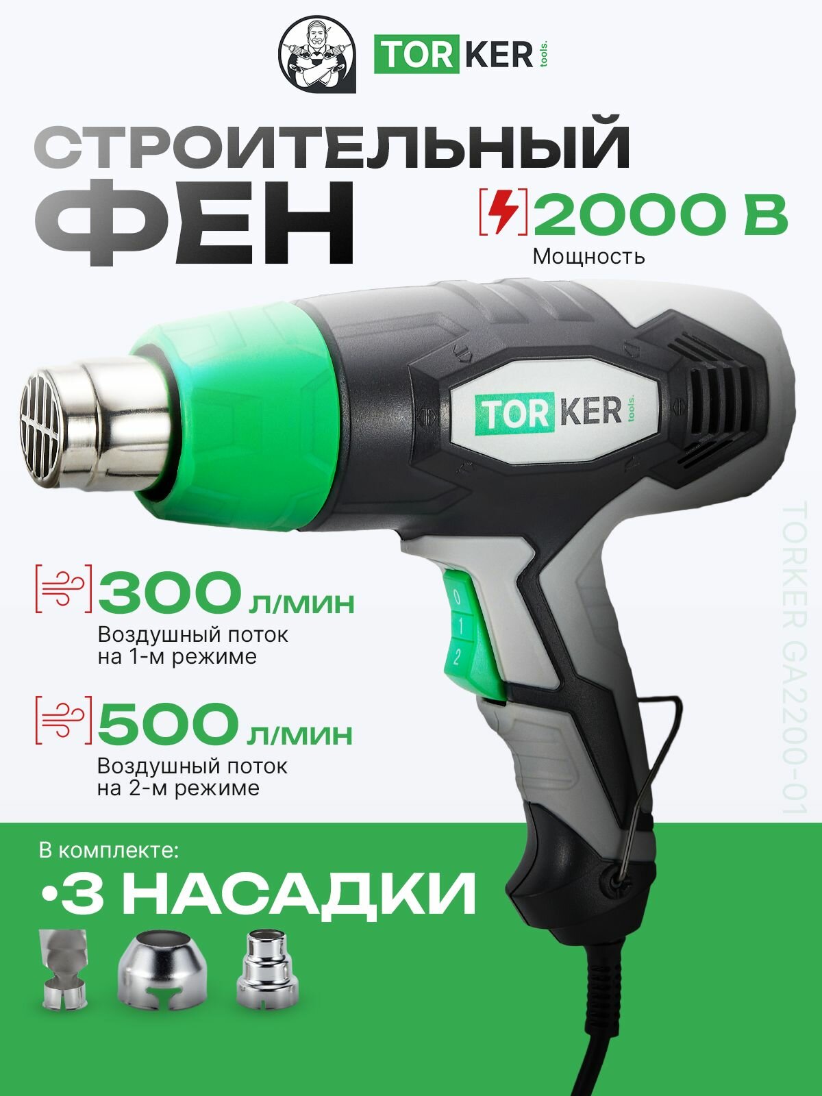Фен строительный с регулировкой температуры 2000 Вт, 2 скорости GA2200-01 строительный фен технический фен фен с регулировкой температуры горячий воздух