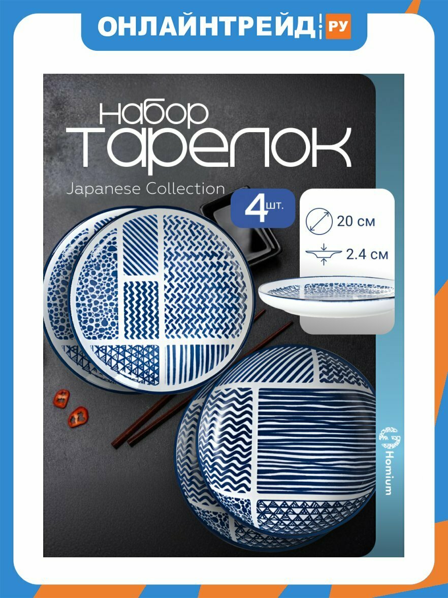 Набор тарелок обеденных Homium Japanese Collection Top 4 шт, 20 см, цвет синий (set4top01-02)