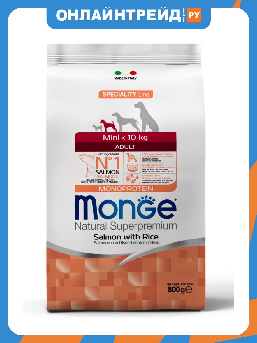 Корм Monge Speciality Line Mini Adult для взрослых собак мелких пород с лососем и рисом 800г