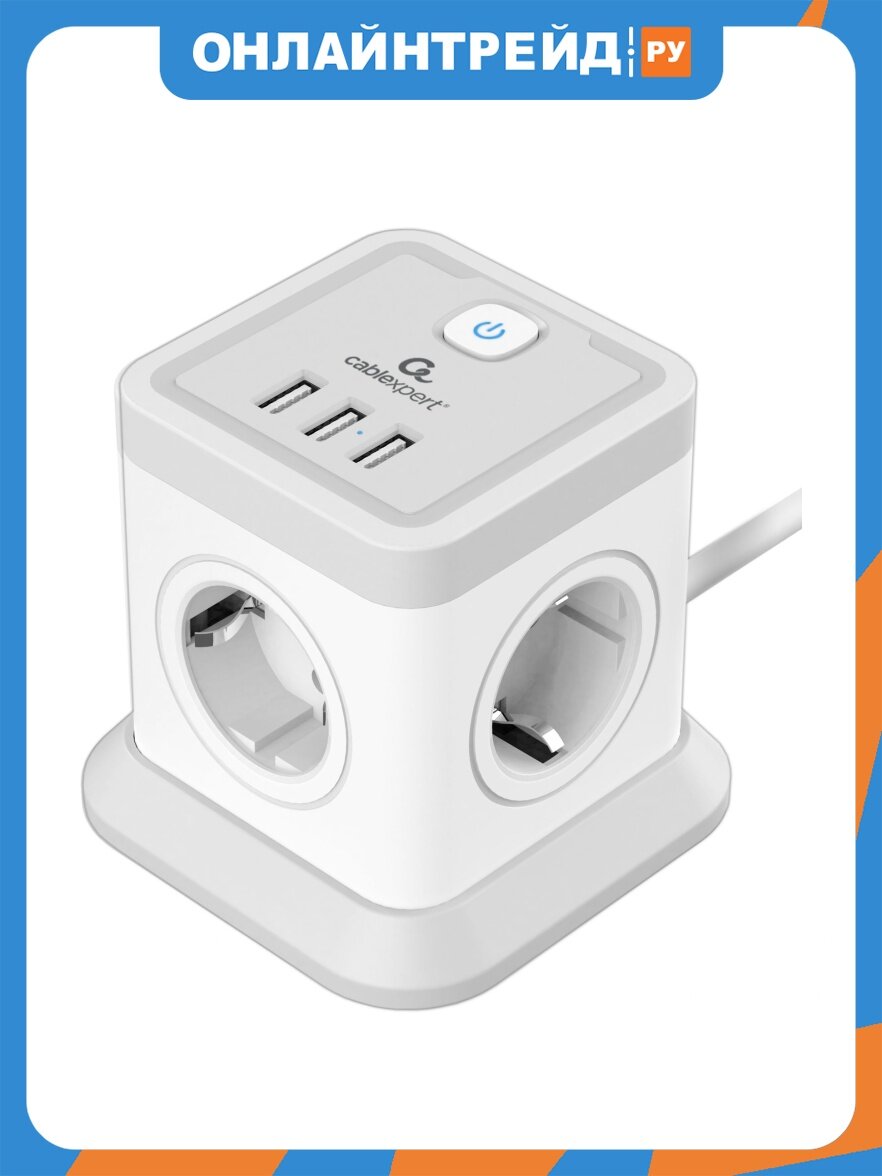 Сетевой фильтр Cablexpert Tower 4 розетки, 10А, 3xUSB, 3.1А, 2м, белый, коробка (TWR-4-U3-W-2)