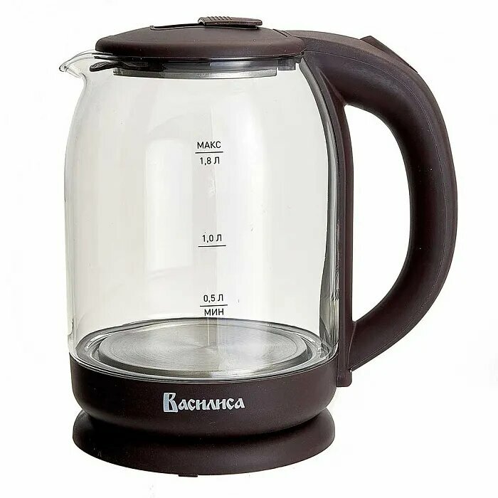 Чайник василиса ВА-1035, корпус из жаропр. стекла, коричневый: 1500 Вт, 1,8 л