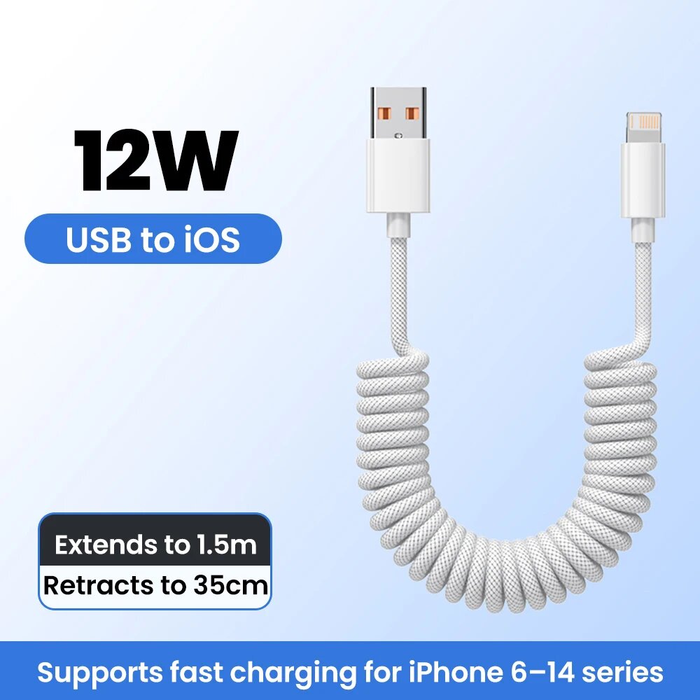 Кабель-пружина Для Быстрой Зарядки 1,5 М Для Автомобиля, USB-A На USB-C 100 Вт, USB-C На A-L 12W