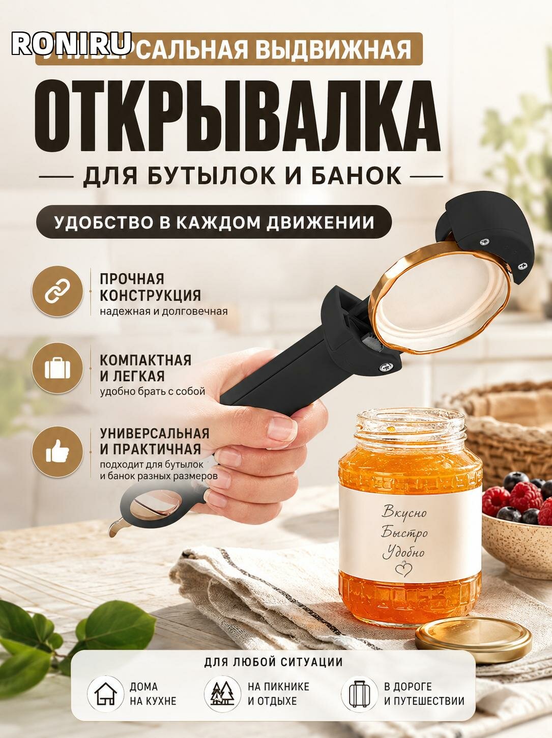 Универсальная выдвижная открывалка для бутылок и банок — компактная и удобная в дороге, на кухне и на пикнике!