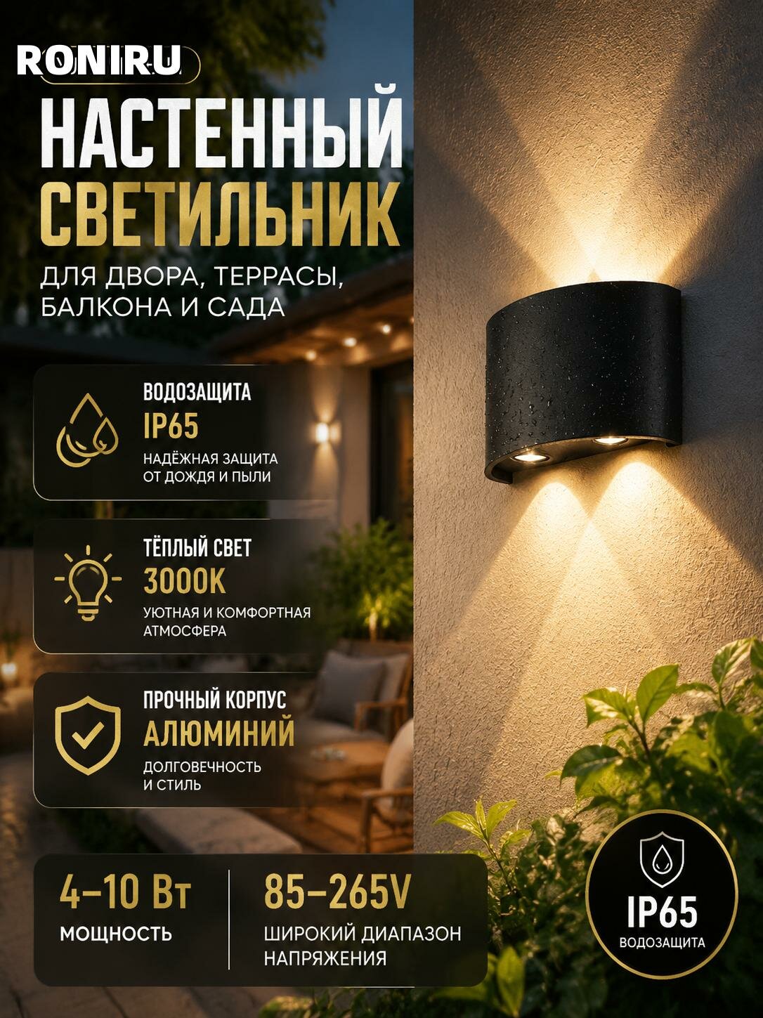 Уличный настенный светильник бра водозащищённый светодиодный для двора, террасы, балкона и сада 4-10 Вт тёплый свет