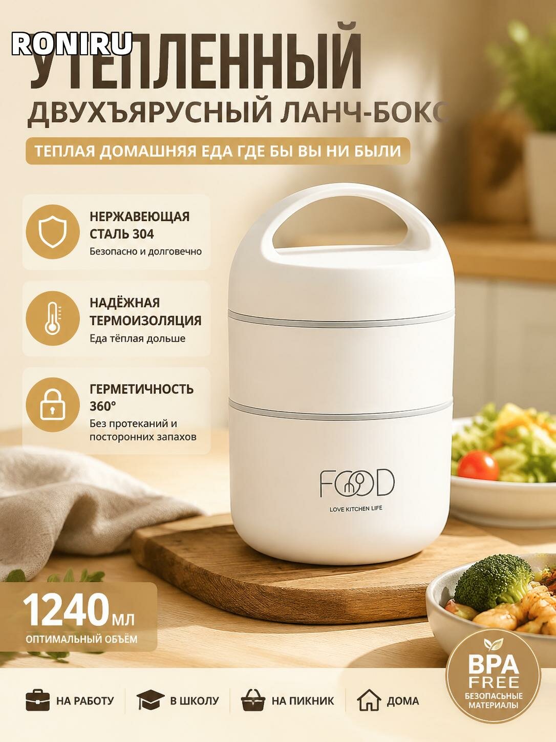 Утепленный двухъярусный ланч-бокс с термоизоляцией, удобный контейнер для еды на работу, в школу и на пикник и дома