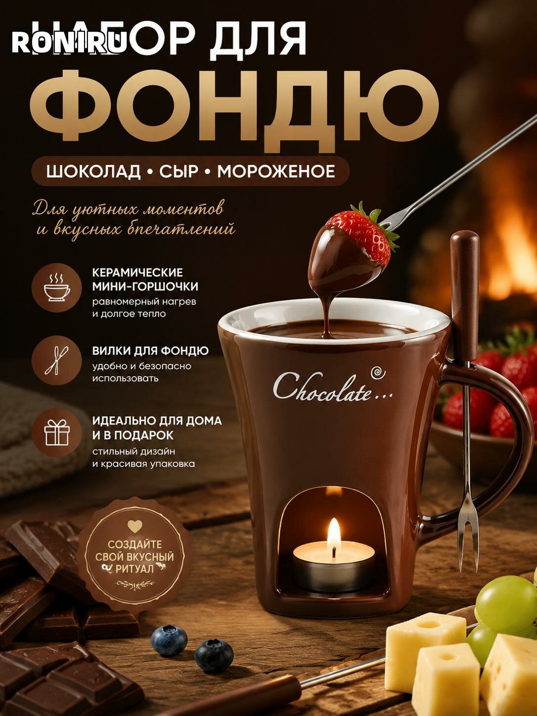 Набор для фондю с керамическими мини-горшочками и вилками для шоколада, сыра и мороженого — для дома и подарка