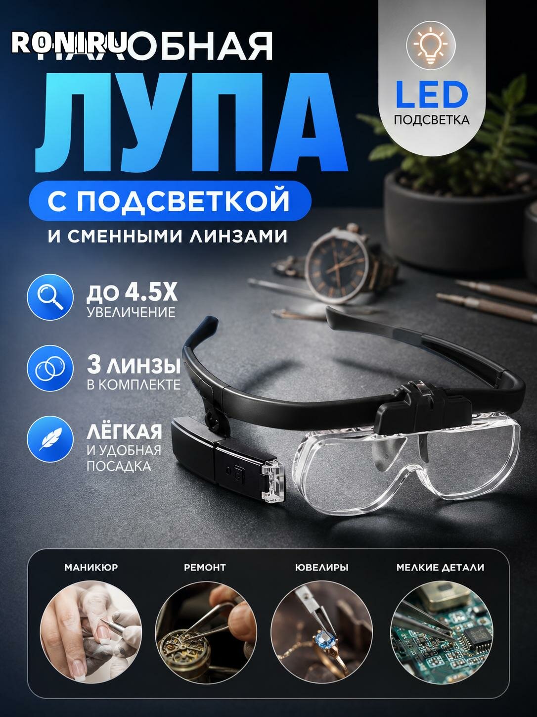 Налобная лупа с подсветкой и сменными линзами 1.5X–4.5X для маникюра, ремонта, ювелиров и работы с мелкими деталями