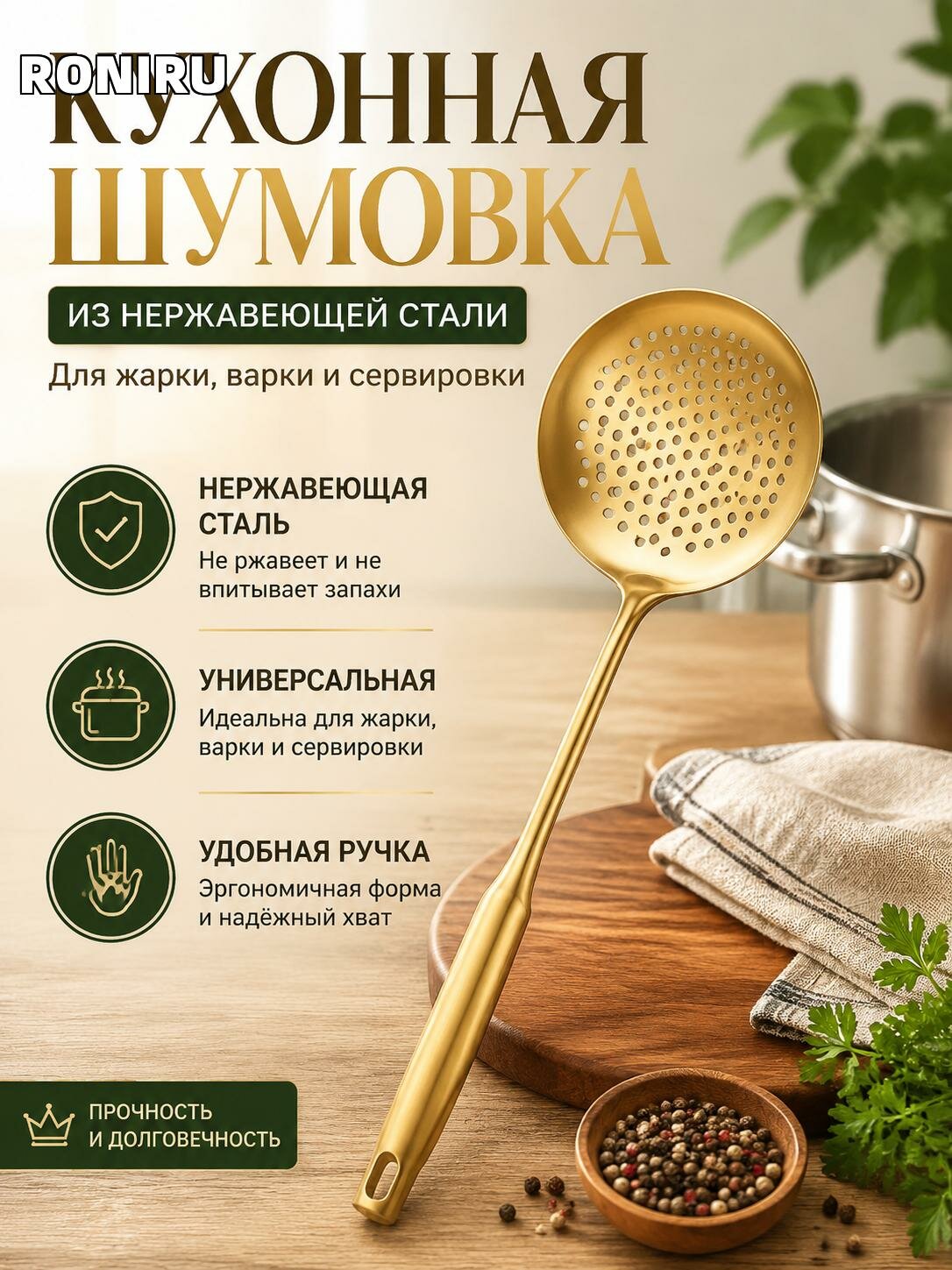Шумовка из нержавеющей стали для кухни — универсальная для жарки, варки и сервировки, удобная ручка — для дома