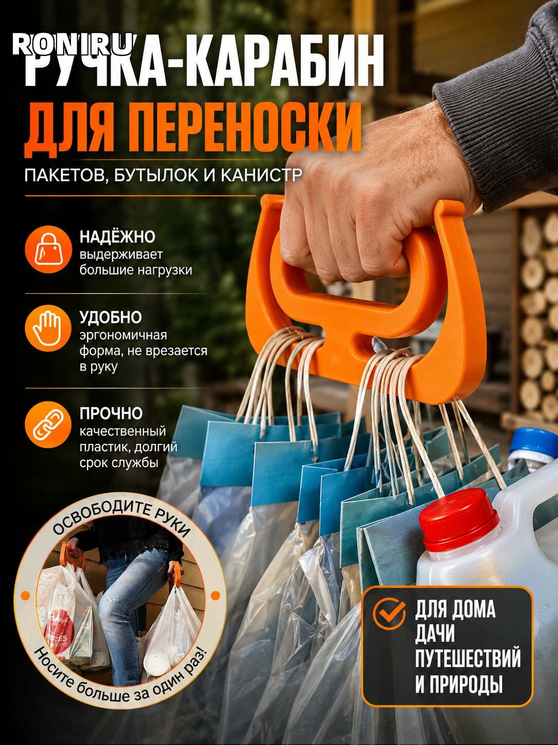 Ручка-карабин для переноски пакетов, бутылок и канистр — эргономичный помощник в быту, путешествиях и на природе