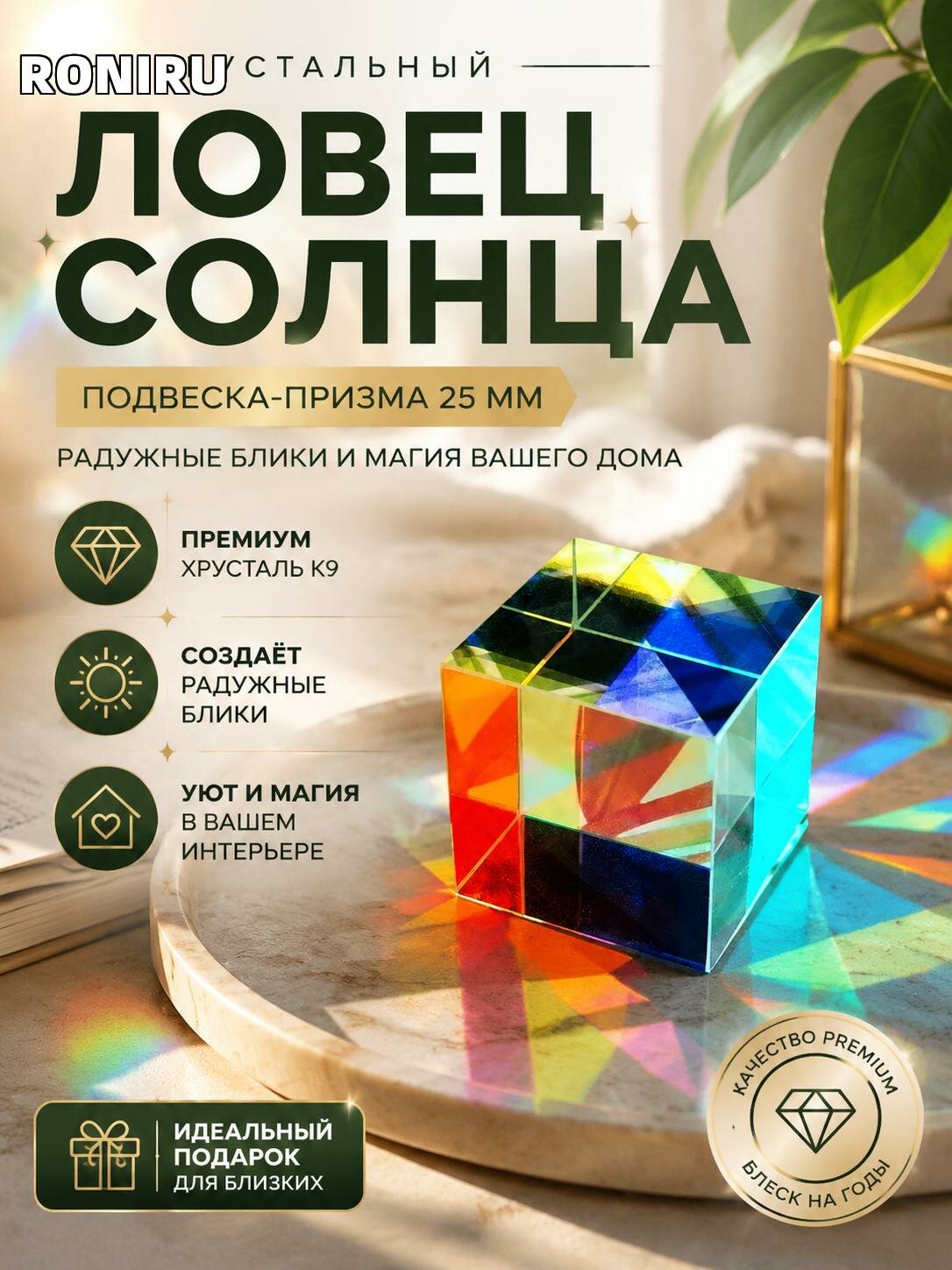 Хрустальный ловец солнца 25 мм — подвеска-призма для окна, создаёт радужные блики и приносит уют и магию в интерьер