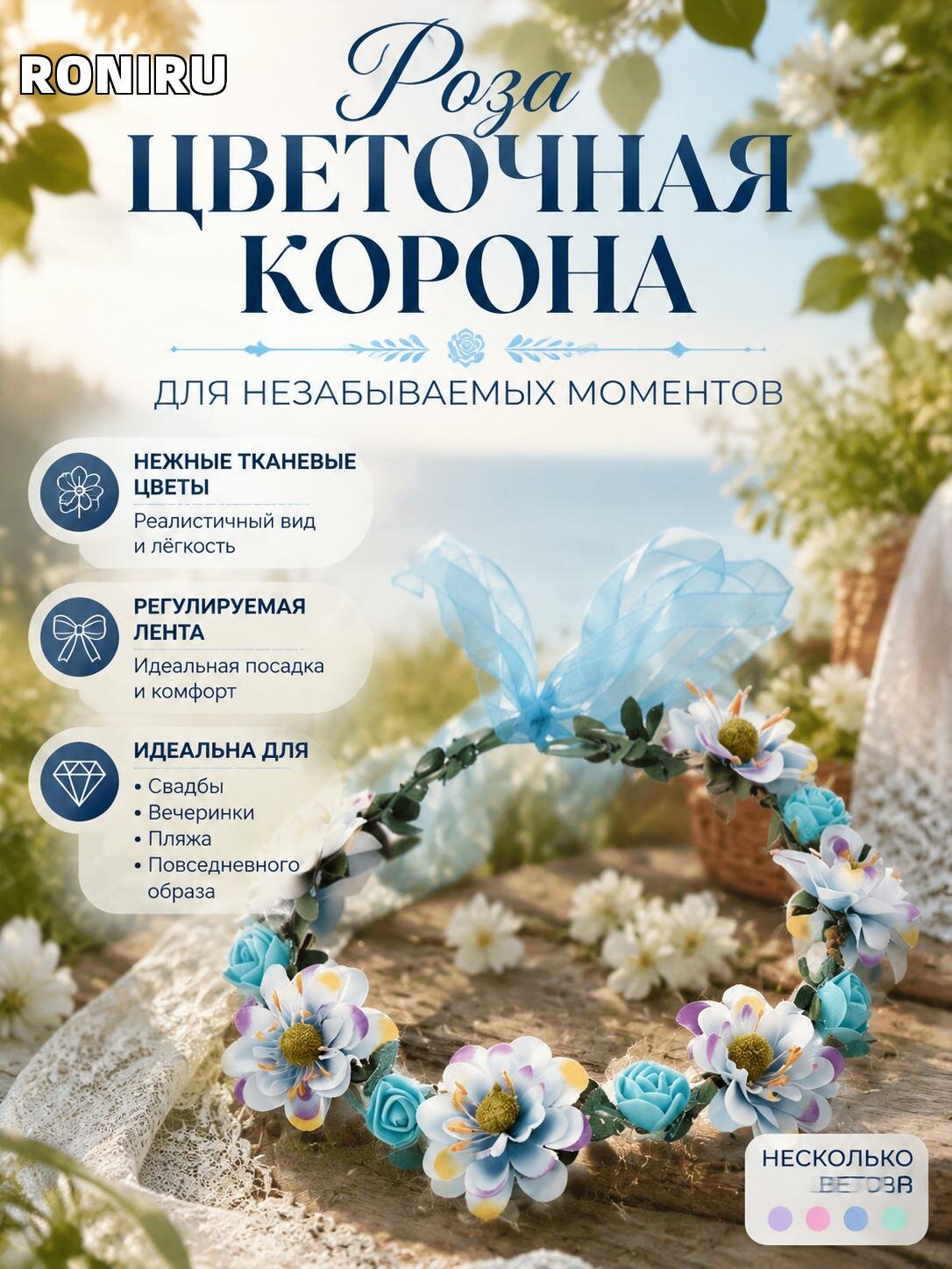 Роза, цветочная корона с тканевыми цветами и регулируемой лентой, для свадьбы, вечеринки, пляжа и повседневного модного образа в нескольких цветах