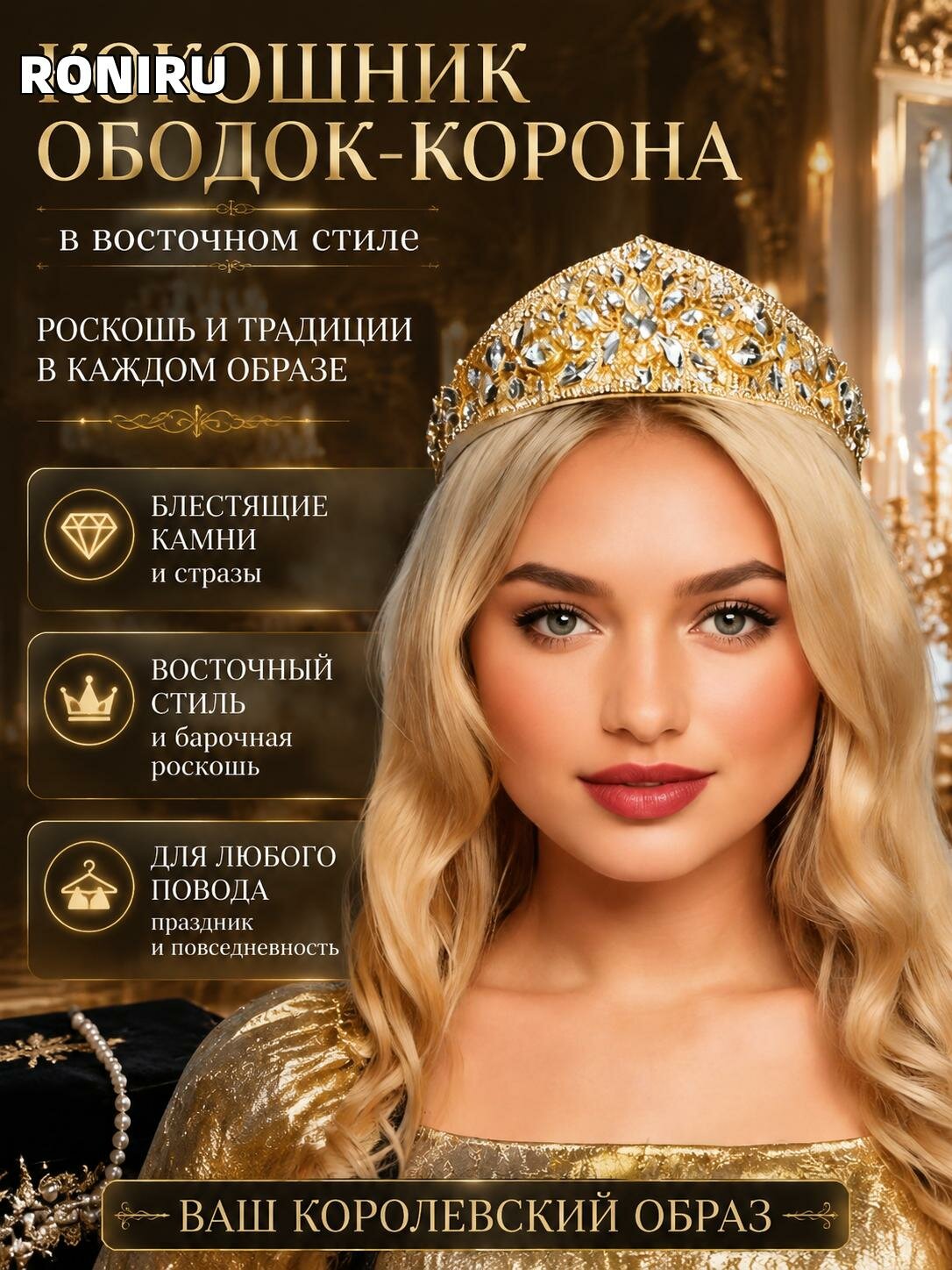 Ободок-корона с камнями и стразами в восточном стиле, барочный кокошник для повседневного и праздничного образа