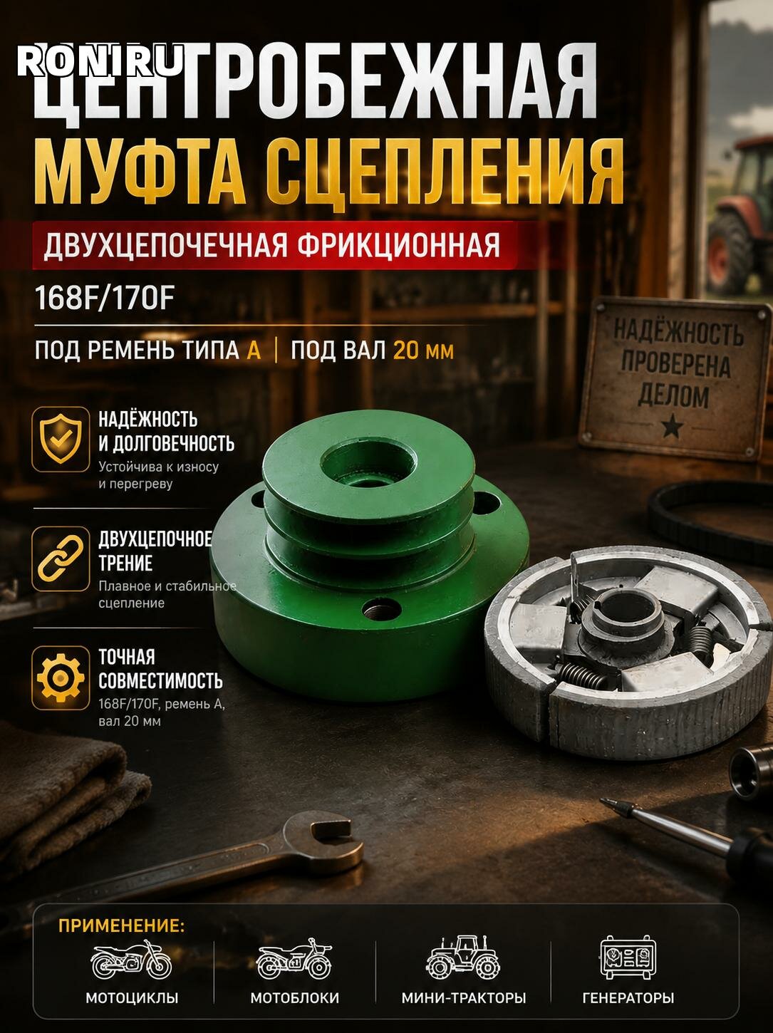 Центробежная муфта сцепления 168F/170F — с двухцепочечным трением, для ремня типа A и колесной базы 20 мм, мотоциклы