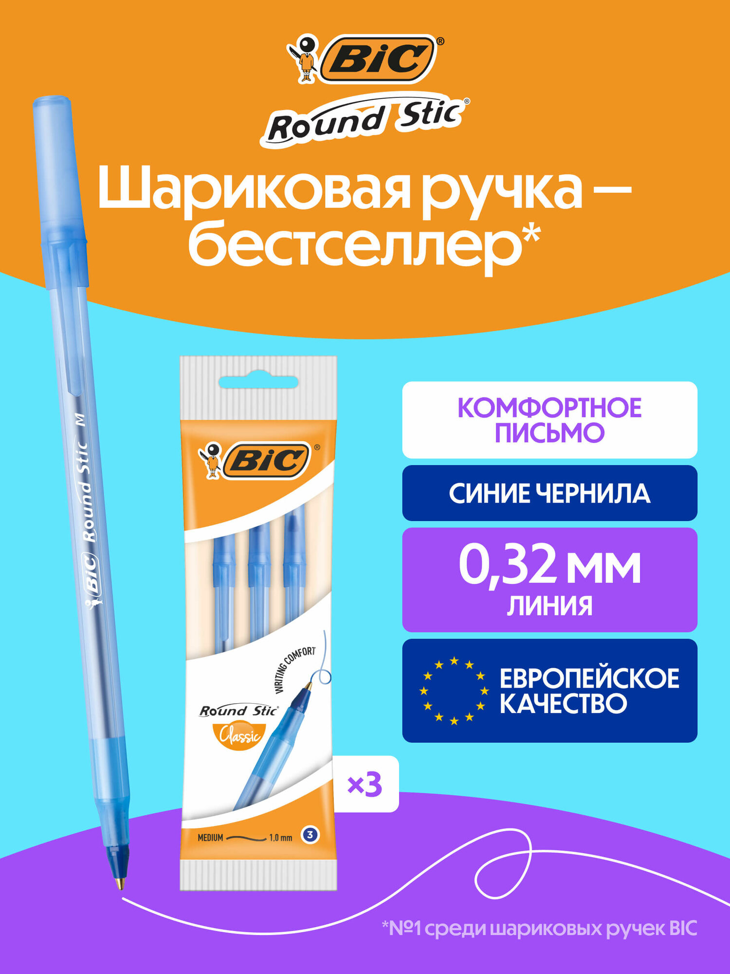 Шариковая ручка BIC классическая круглый корпус синяя, 3 шт в упаковке