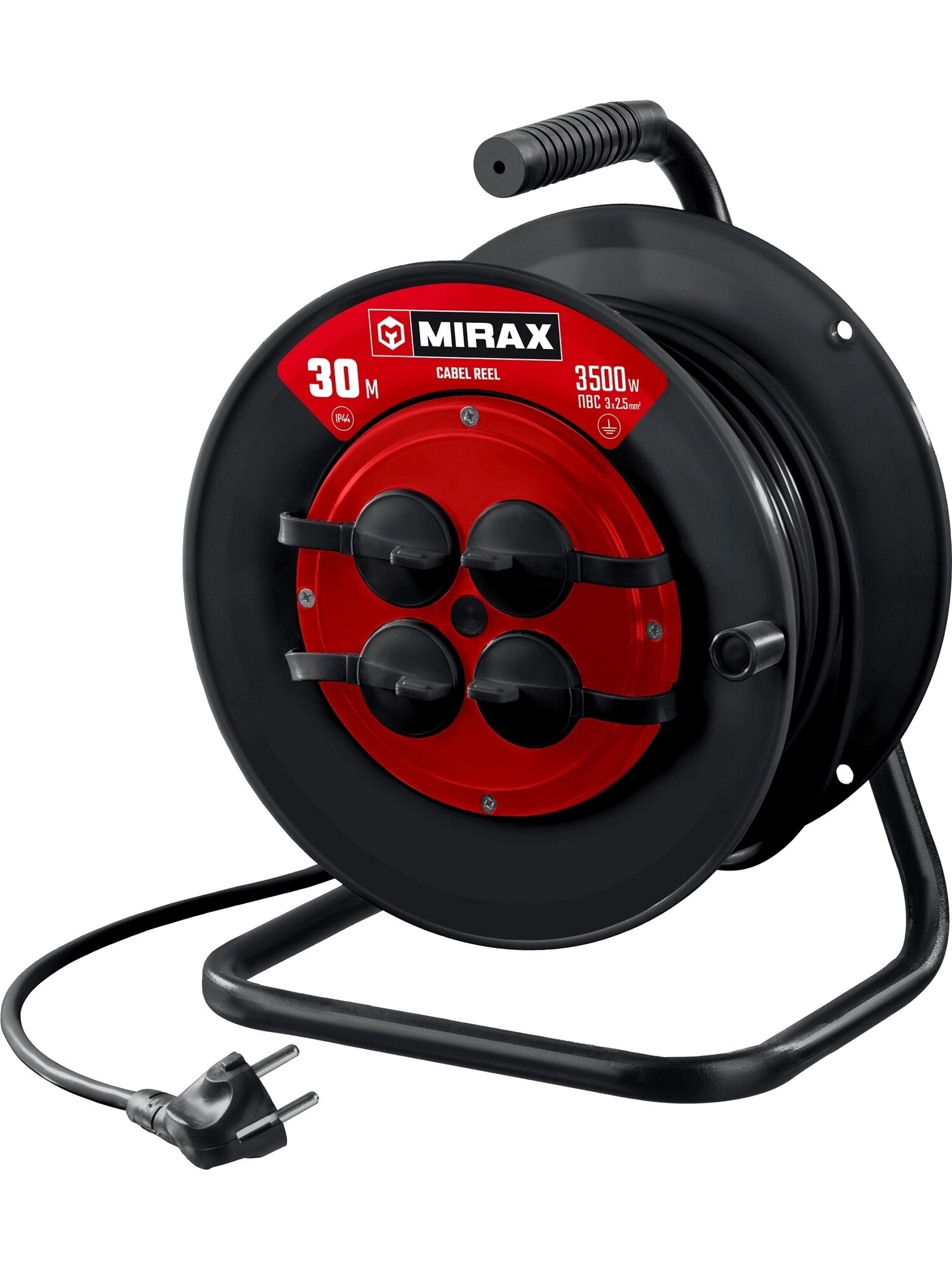 Силовой удлинитель на катушке MIRAX ПВС, 3 х 2.5 мм2, 30 м, 3500 Вт, IP44