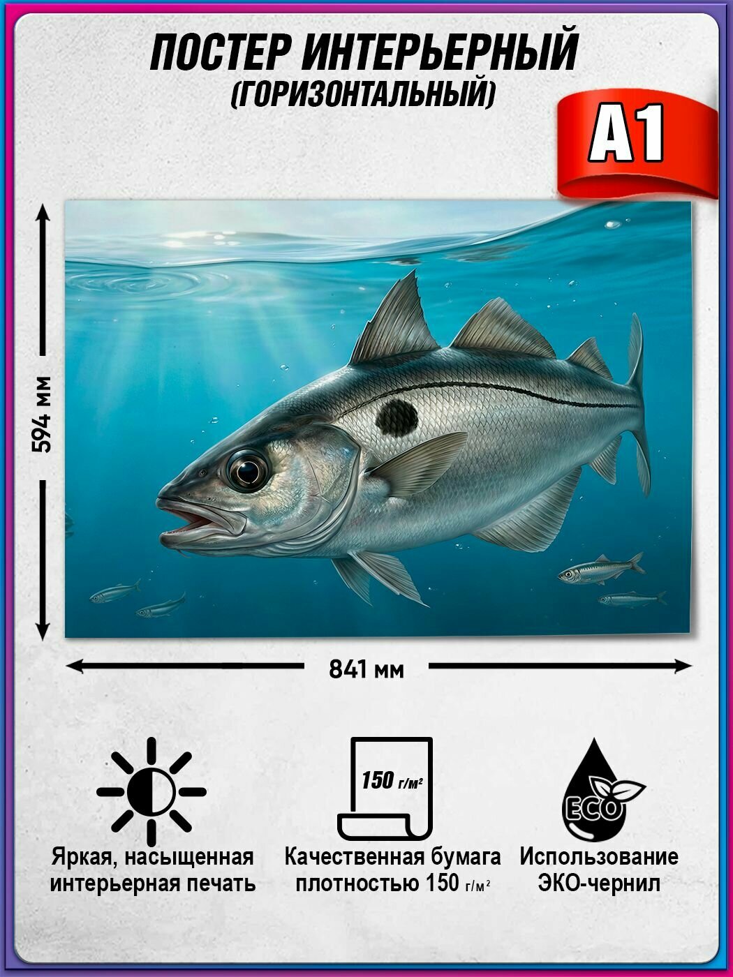Постер интерьерный "Пикшуй", плакат, подарок на День рыбака / А-1 (84x60 см.)
