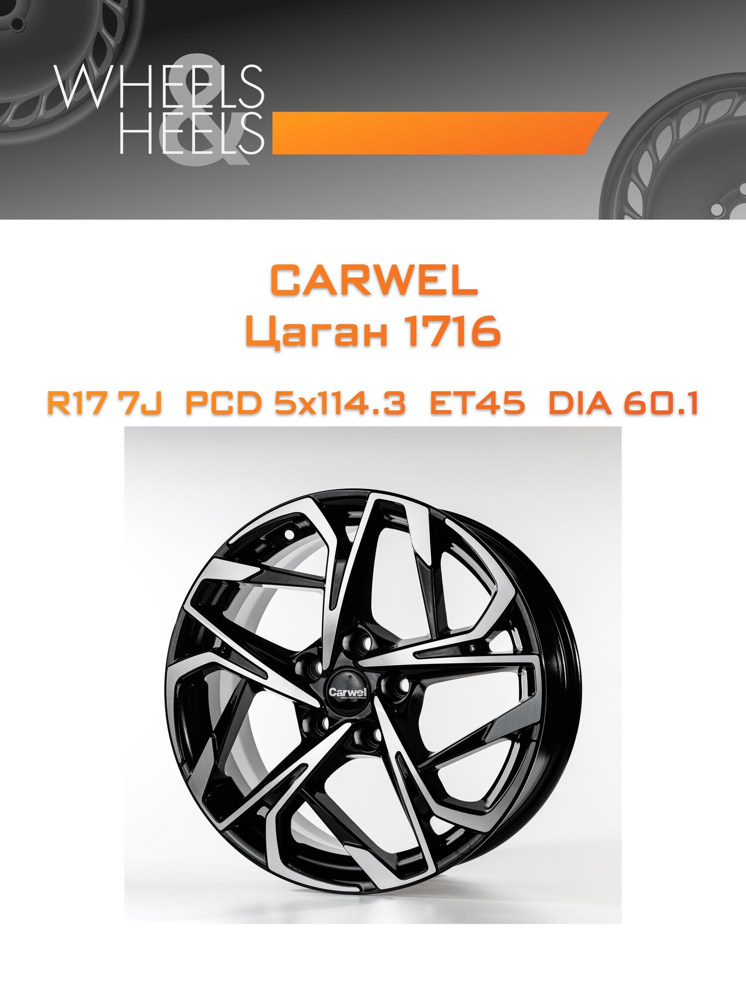 Диск автомобильный литой Carwel Цаган 1716 17x7 5x114.3 et45 dia60.1 Чёрный глянцевый с полированной лицевой частью
