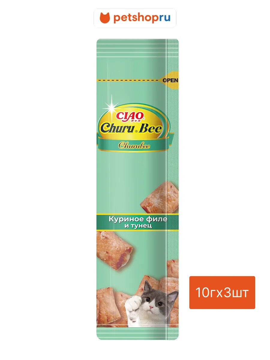 Inaba Лакомство для кошек запечённые трубочки Курица и тунец 10гx3