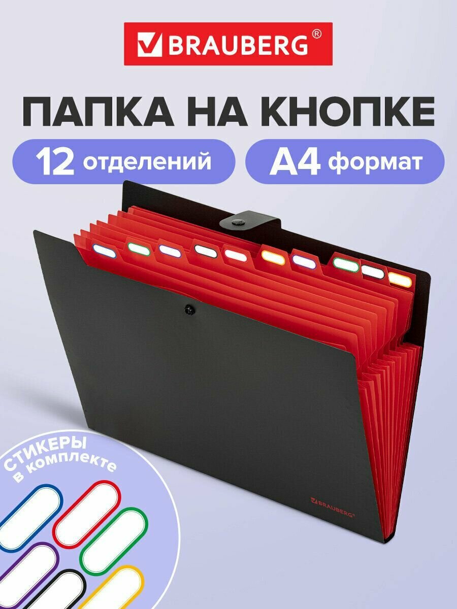 Папка для документов А4 канцелярская с файлами, органайзер для бумаг на кнопке 12 отделений в школу, черная с красным, Extra папка с файлами органайзер для документов папка-скоросшиватель