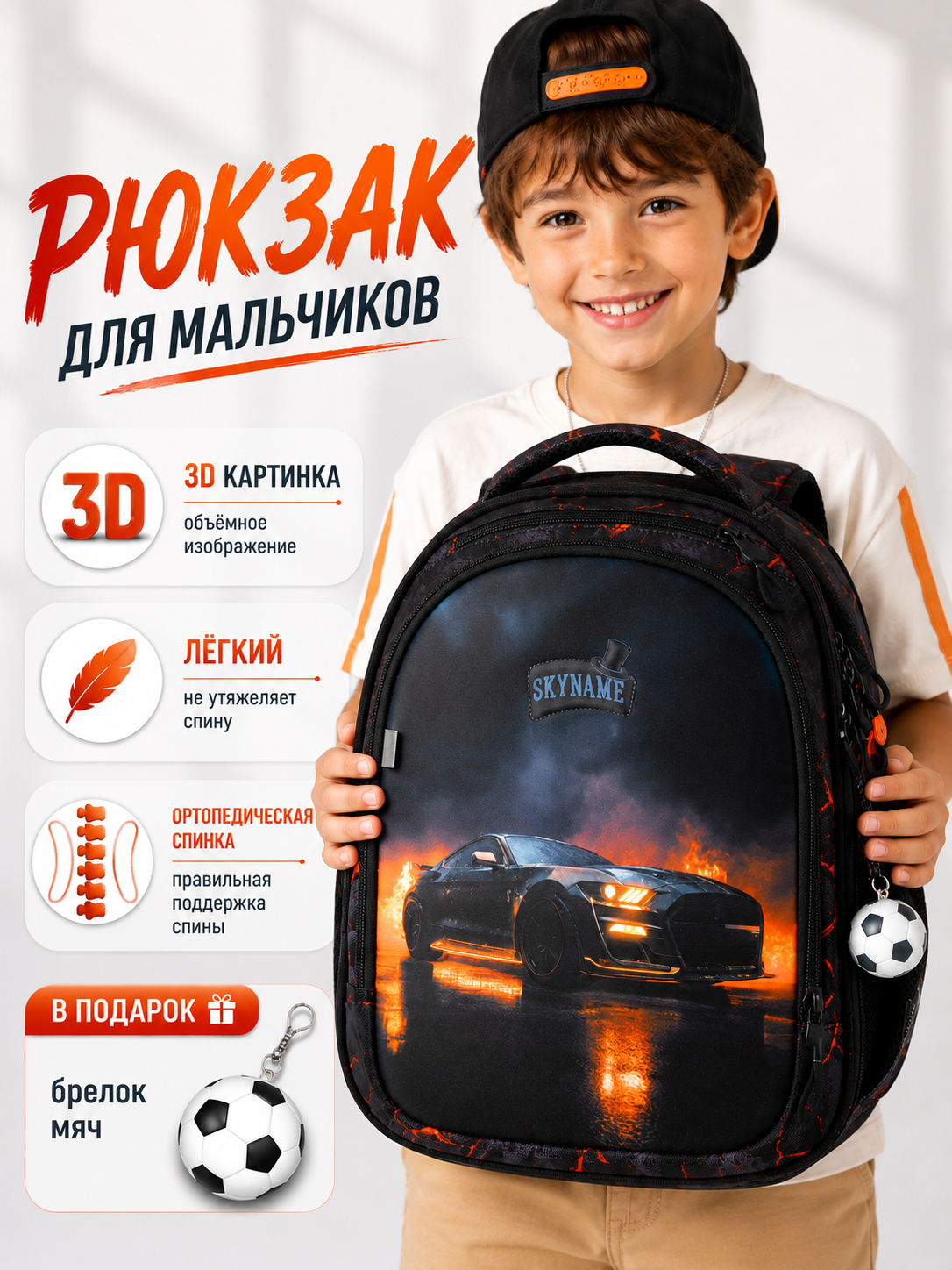 Рюкзак школьный для мальчика первоклассника + брелок, SkyName (СкайНейм)