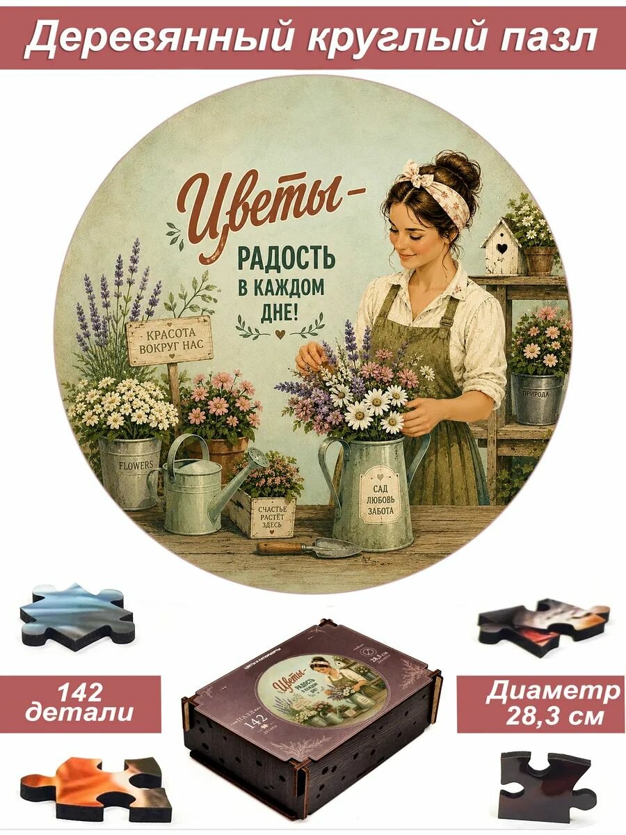 Пазл Алма деревянный круглый 142 детали, элемента. Винтажная коллекция. Цветы - радость в каждом дне