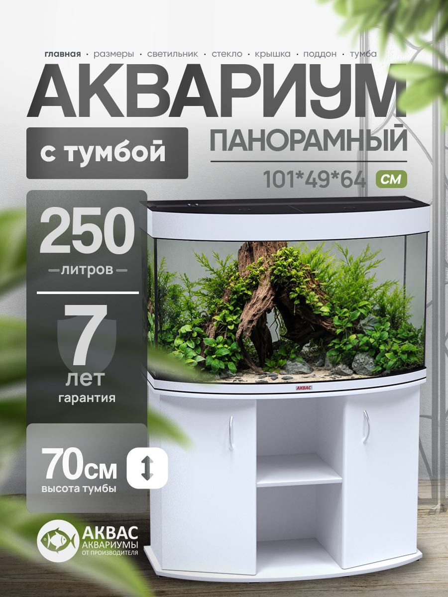 Аквариум панорамный 250 литров с освещением, крышкой и тумбой, (101*49*64 см) Аквас