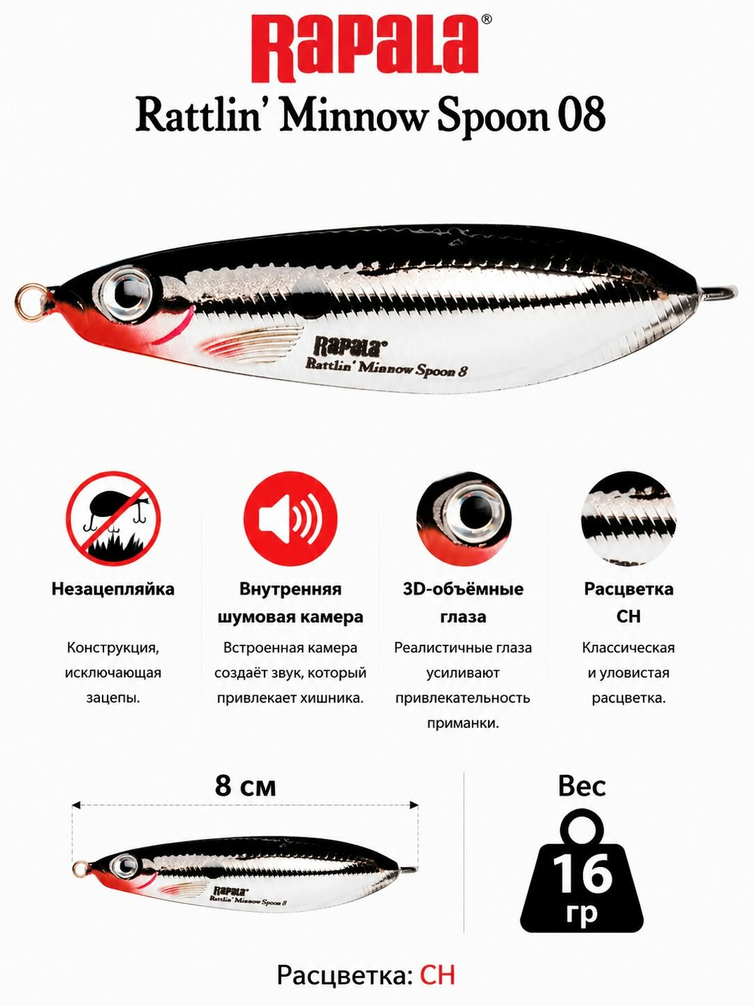 Блесна колебалка незацепляйка RAPALA Rattlin' Minnow Spoon 08 /CH / 8см, 16гр. приманка с шумовой камерой ++