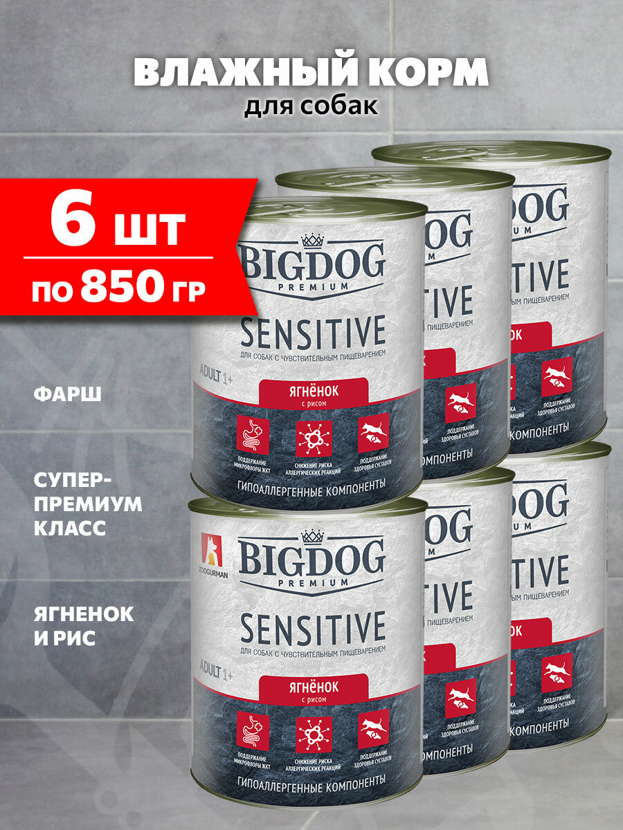 Корм влажный Zoogurman Big Dog Premium Sensitive для взрослых собак с чувствительным пищеварением ягненок и рис, 850 г х 6 шт