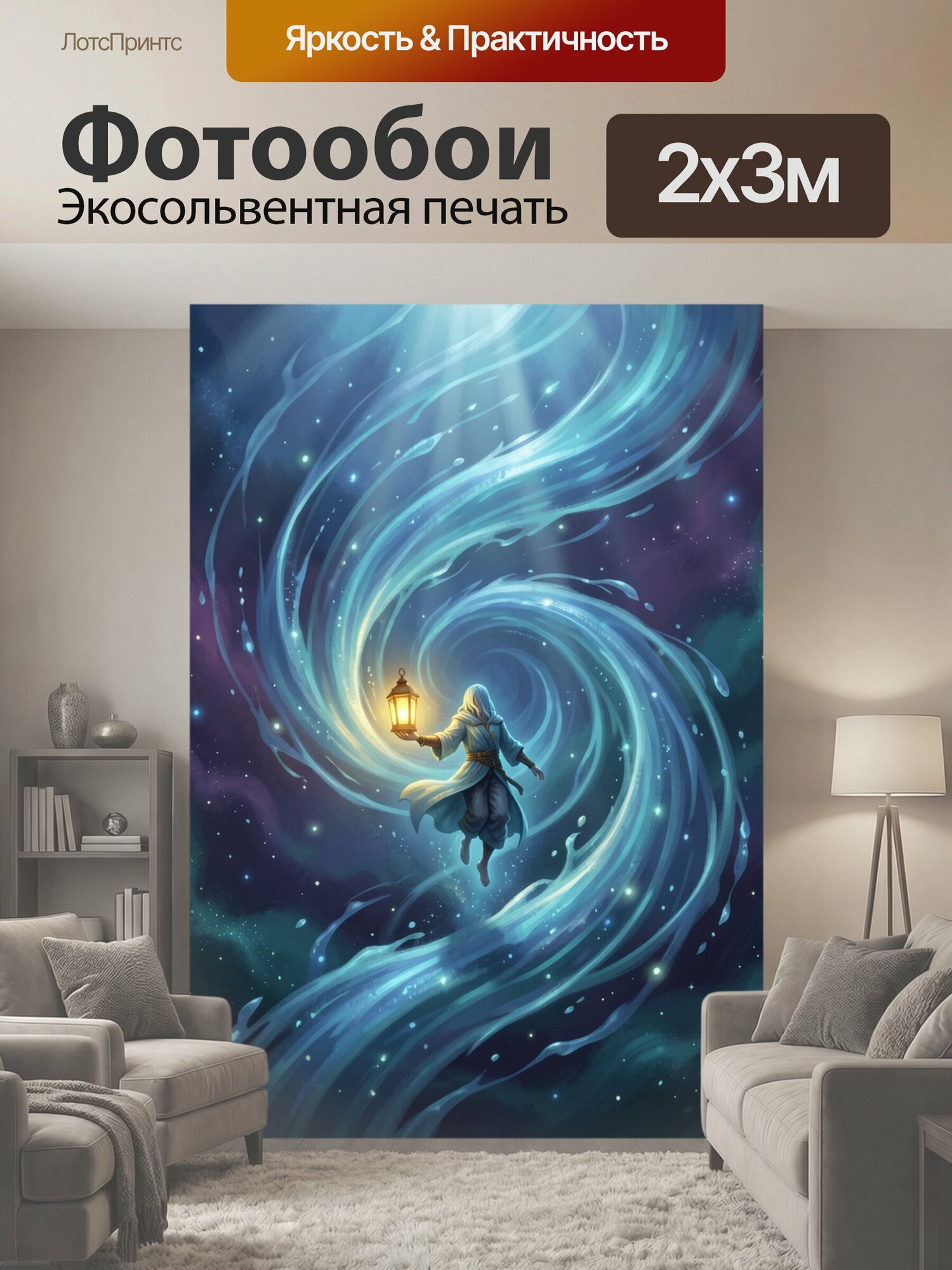 Фотообои "Путник с фонарем в космосе. Фэнтезийная фигура в летящем одеянии парит в звездной галактике среди светящихся бирюзовых вихрей." 200x300 см. экосольвентная печать