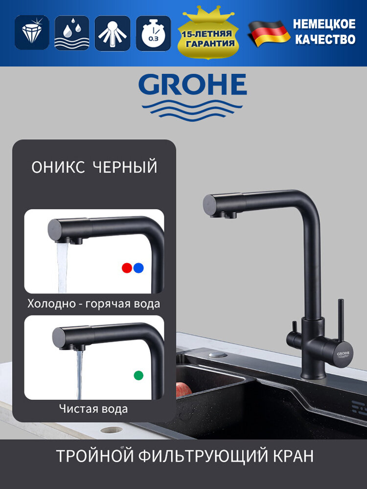 Grohe Кухонный смеситель 3 в 1 с независимым каналом питьевой воды + холодная/горячая вода + режим душа 360° вращение
