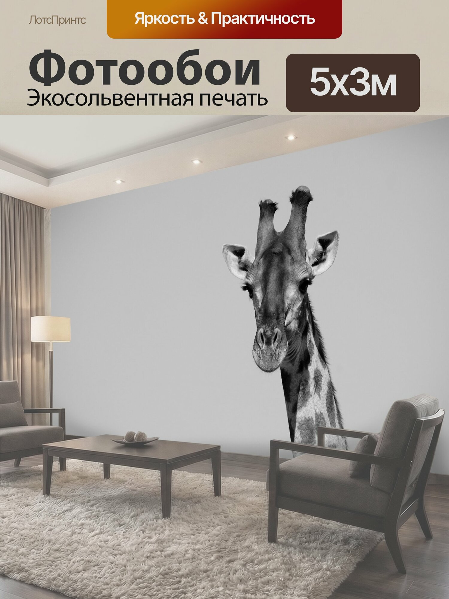 Фотообои "Жирафа, сафари, голова" 500x300 см. экосольвентная печать