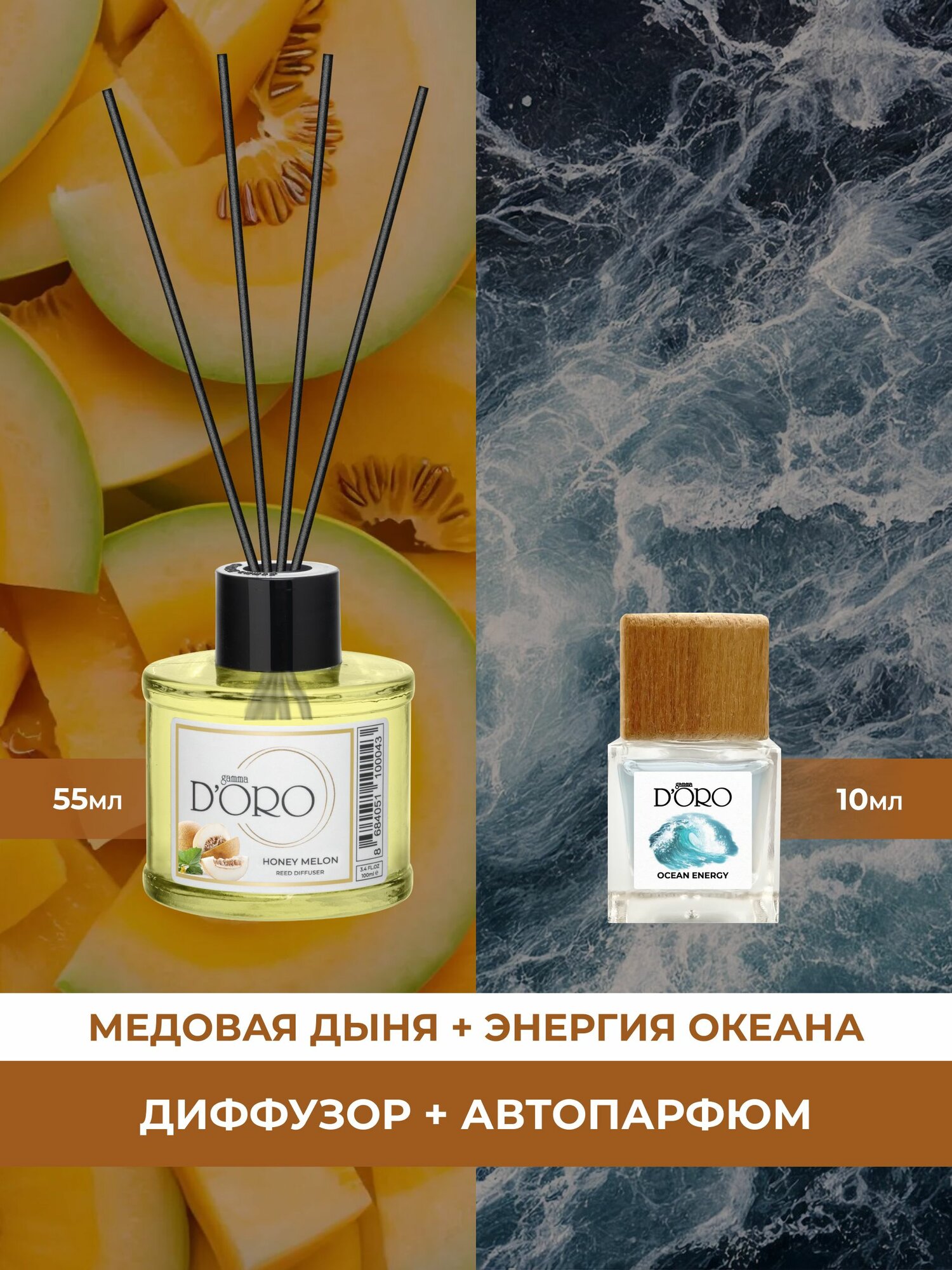GAMMA D'ORO Подарочный набор диффузор ароматический для дома с палочками Медовая дыня и ароматизатор для автомобиля Энергия океана, 55 мл и 10 мл