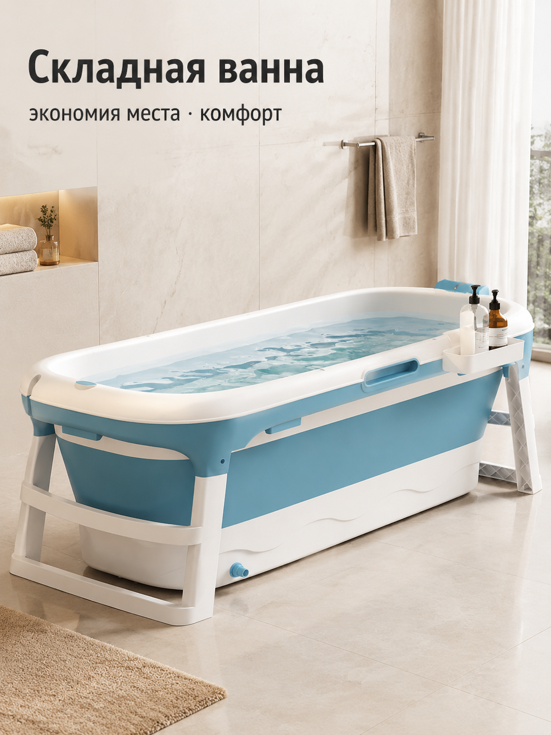 Портативная складная ванна SPA 130 см без крышки, синяя, для релакса и путешествий, лёгкая