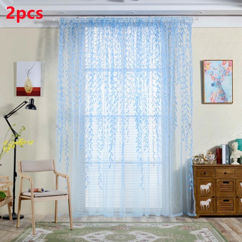 Прозрачные тюлевые шторы зелёные листья Blue 2pcs
