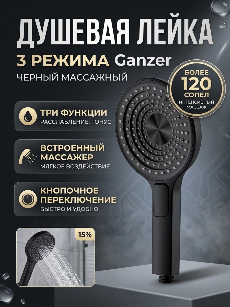 Лейка массажная для душа 3 позиции от бренда Ganzer GZ3029-C черный