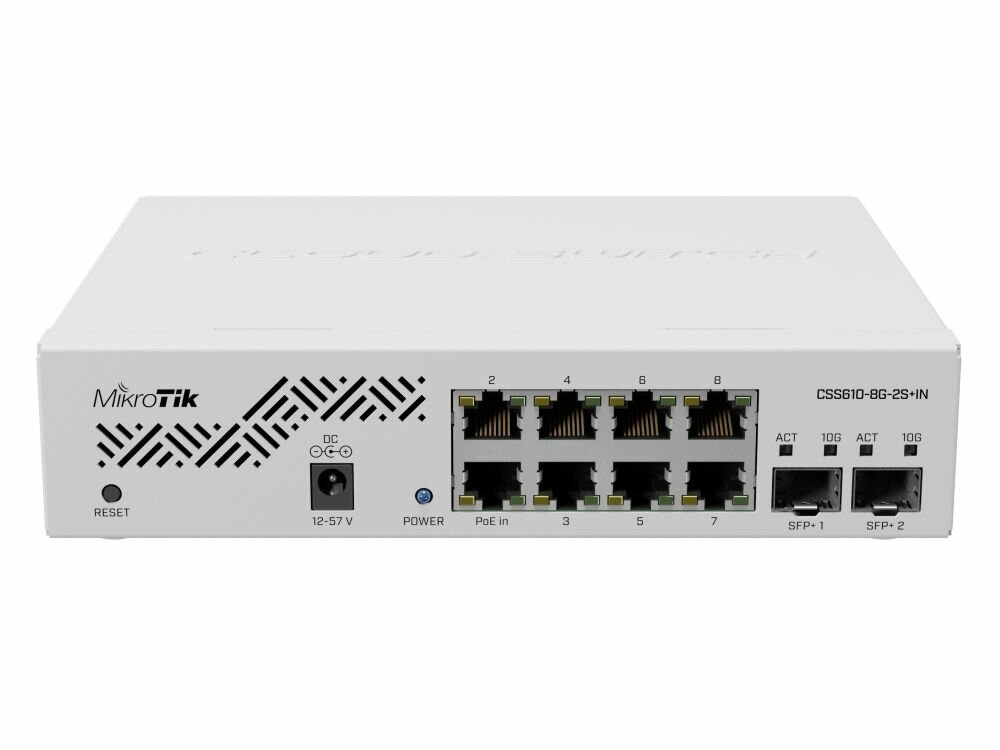 Коммутатор MikroTik CSS610-8G-2S+IN управляемый, 8 портов 10/100/1000 Ethernet, 2 порта SFP+ (10 Гбит/с)