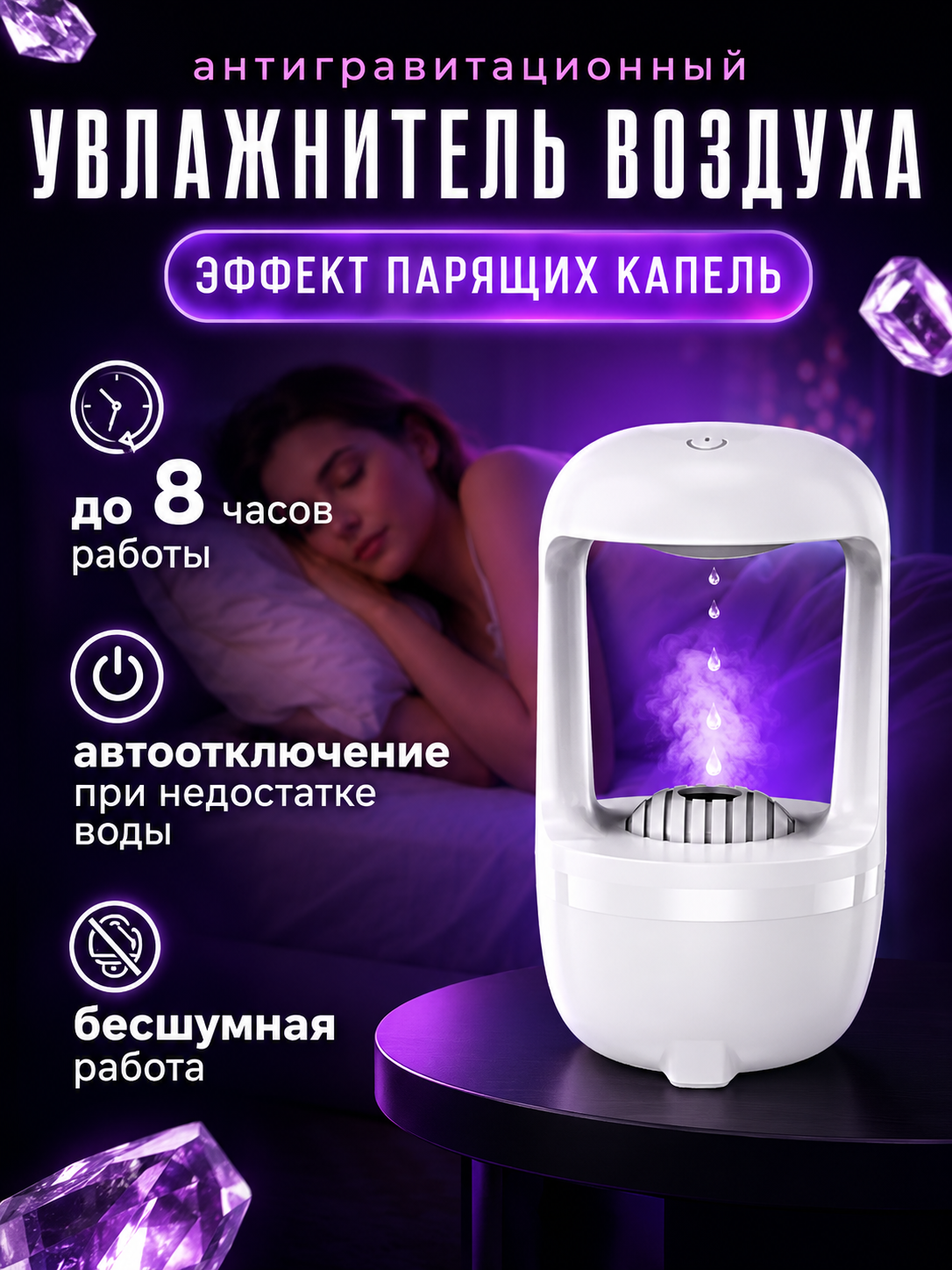 Увлажнитель воздуха ультразвуковой Антигравитационная Капля, Увлажнитель воздуха ночник для дома, Белый