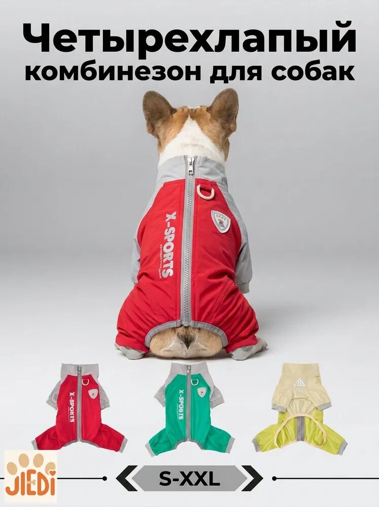 Спортивный четырехлапый комбинезон для собак с молнией и кольцом для поводка, красный с серым, весна лето
