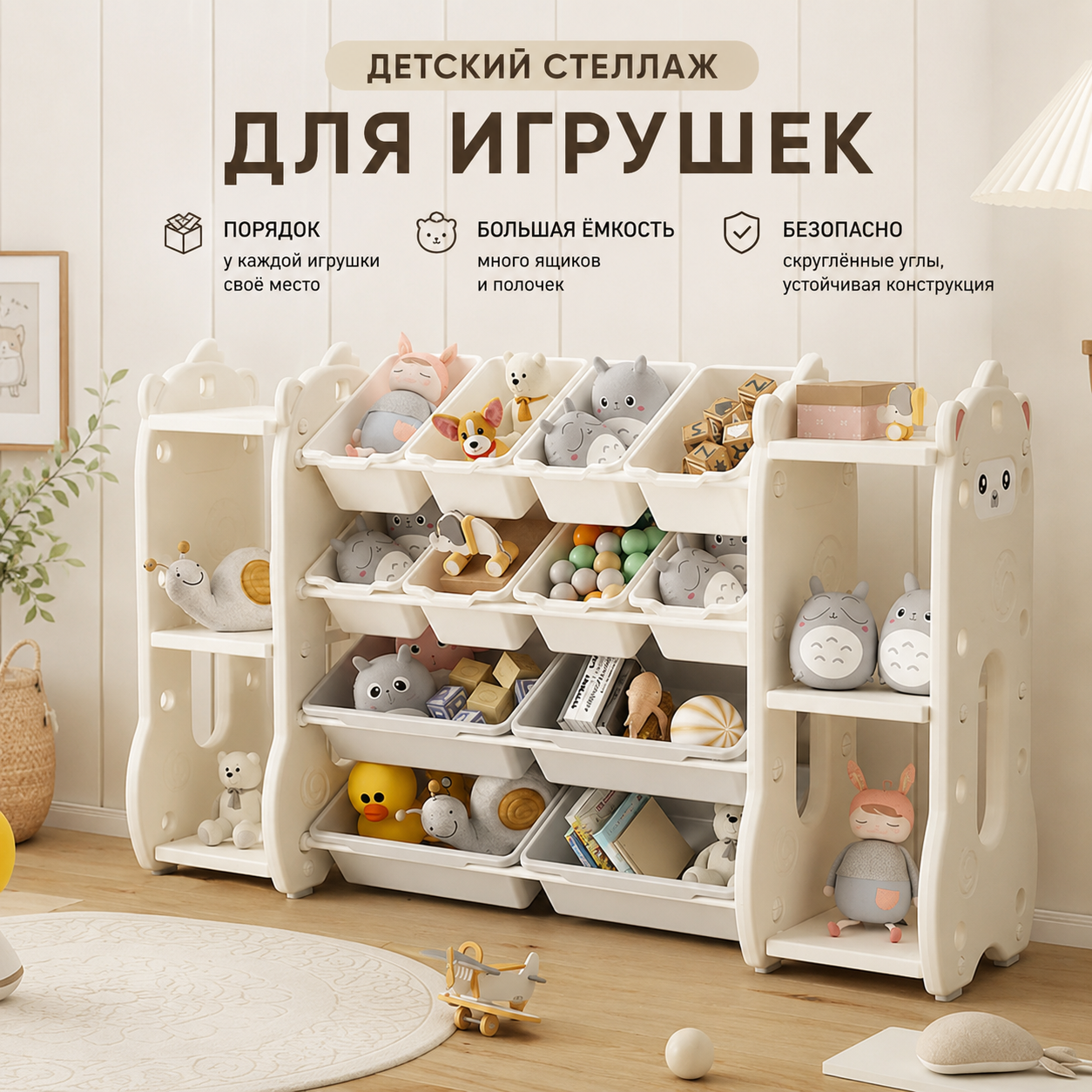 Стеллаж для игрушек длина 144 см, ширина 33 см, высота85 см, секции: 12 , шт.