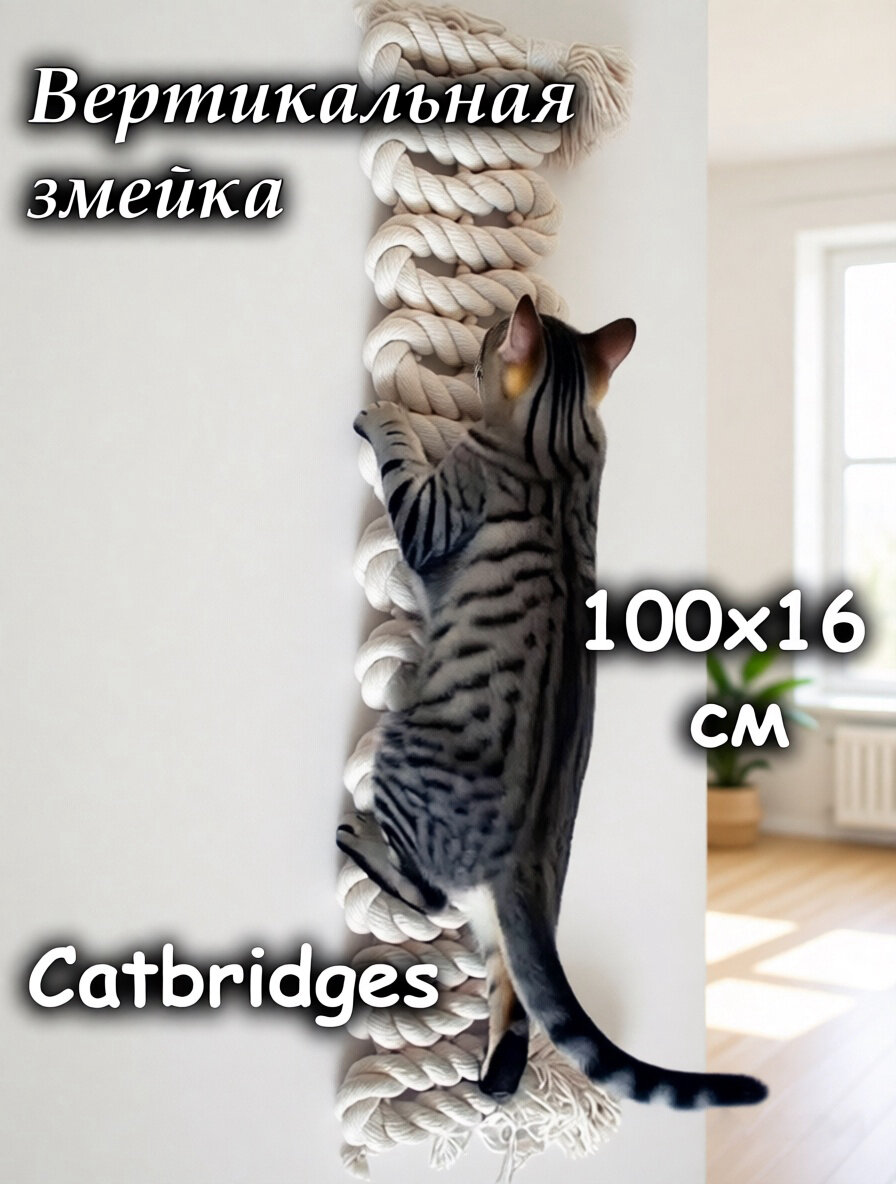 Вертикальная Змейка 100x16x3,2 см. С креплениями. Catbridges Настенный мост для кошек. Когтеточка.