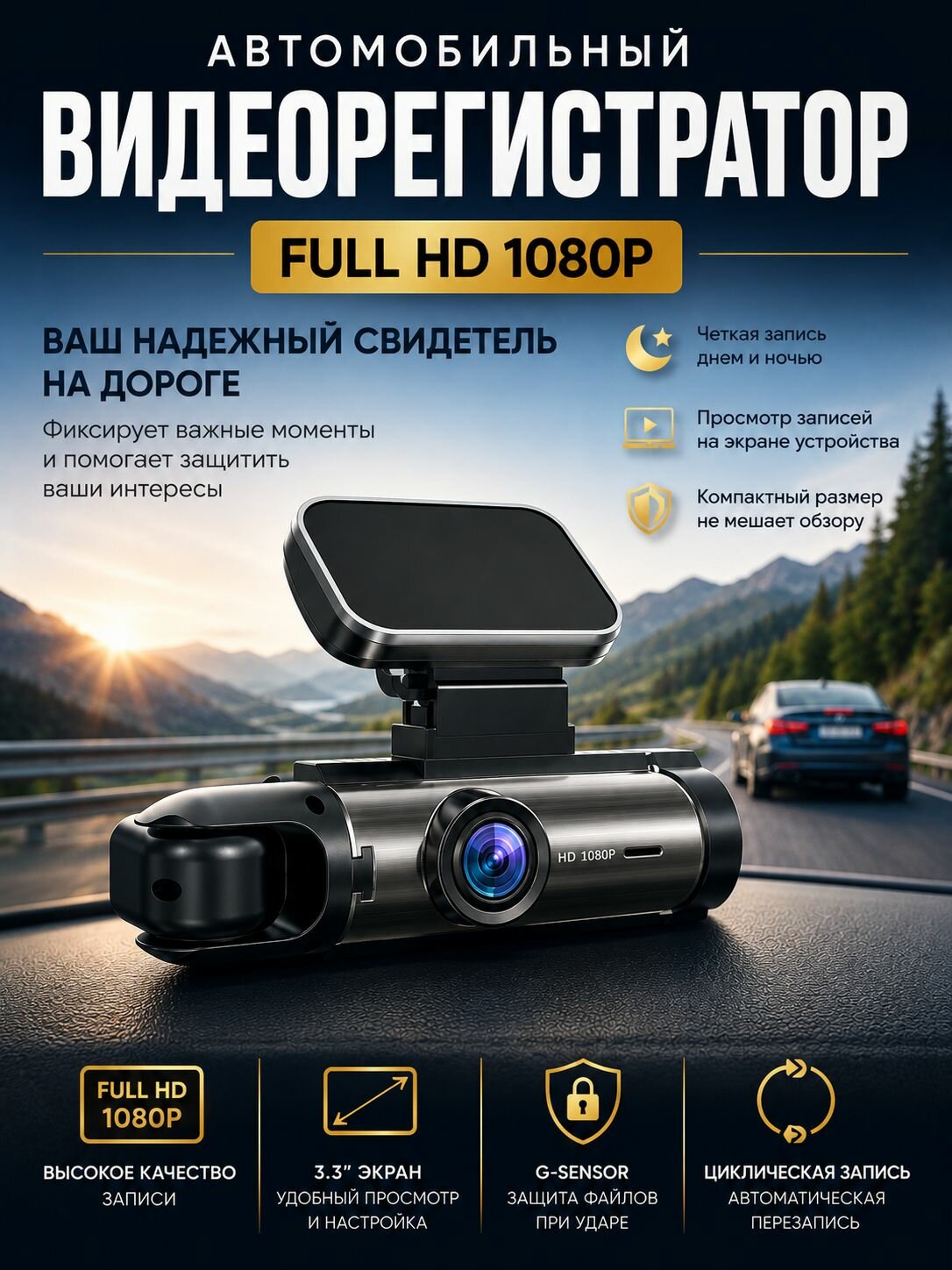 Видеорегистратор автомобильный D8, Full HD 1080P, G-Sensor, ночная съемка, циклическая запись
