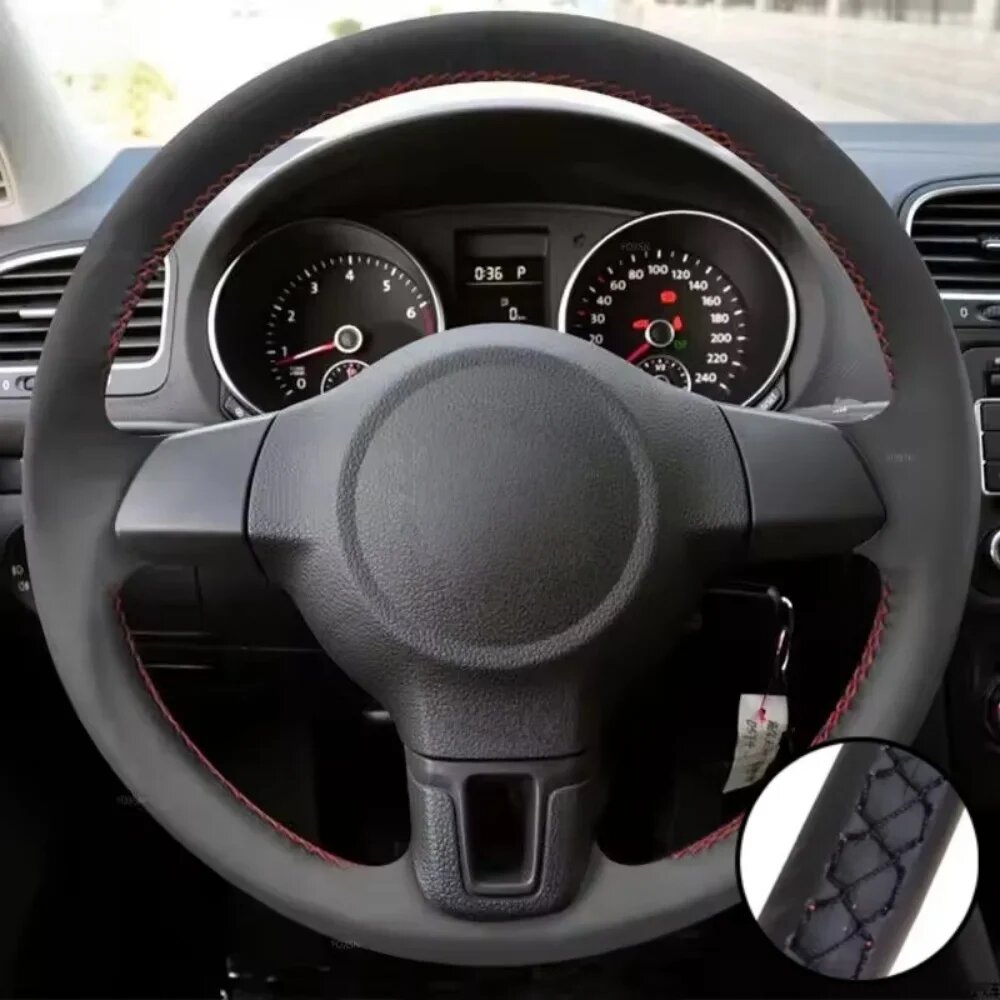 Черный кожаный чехол на руль для VW Golf 6 MK6 Jetta Bora