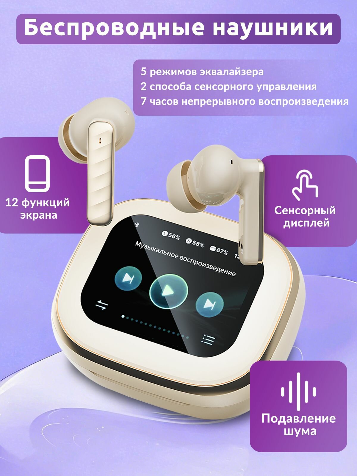 Наушники беспроводные с экраном, беспроводные наушники с экраном, беспроводные наушники с сенсорным экраном дисплеем