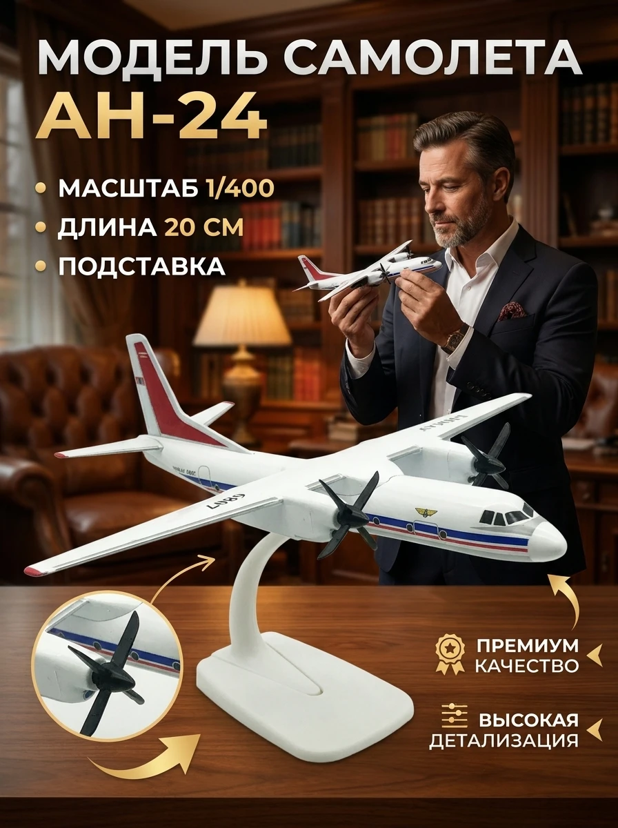 Металлическая модель самолета АН-24, масштаб 1/400, длина 18 см