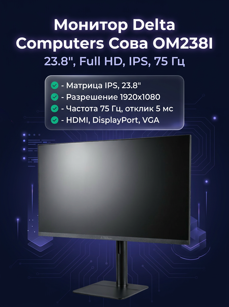 Монитор Delta Computers Сова OM238I, 23.8", IPS, Full HD, 75 Гц, черный