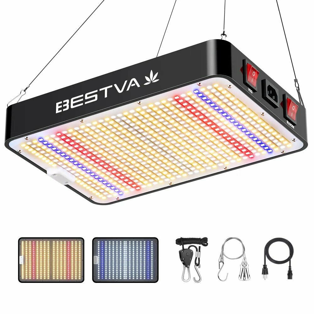 BESTVA DC1000 Светодиодные светильники для выращивания растений с высокоэффективными светодиодами, покрытие 2x2 фута, полный спектр, для гидропонных систем и теплиц, двойной режим вегетации и цветения