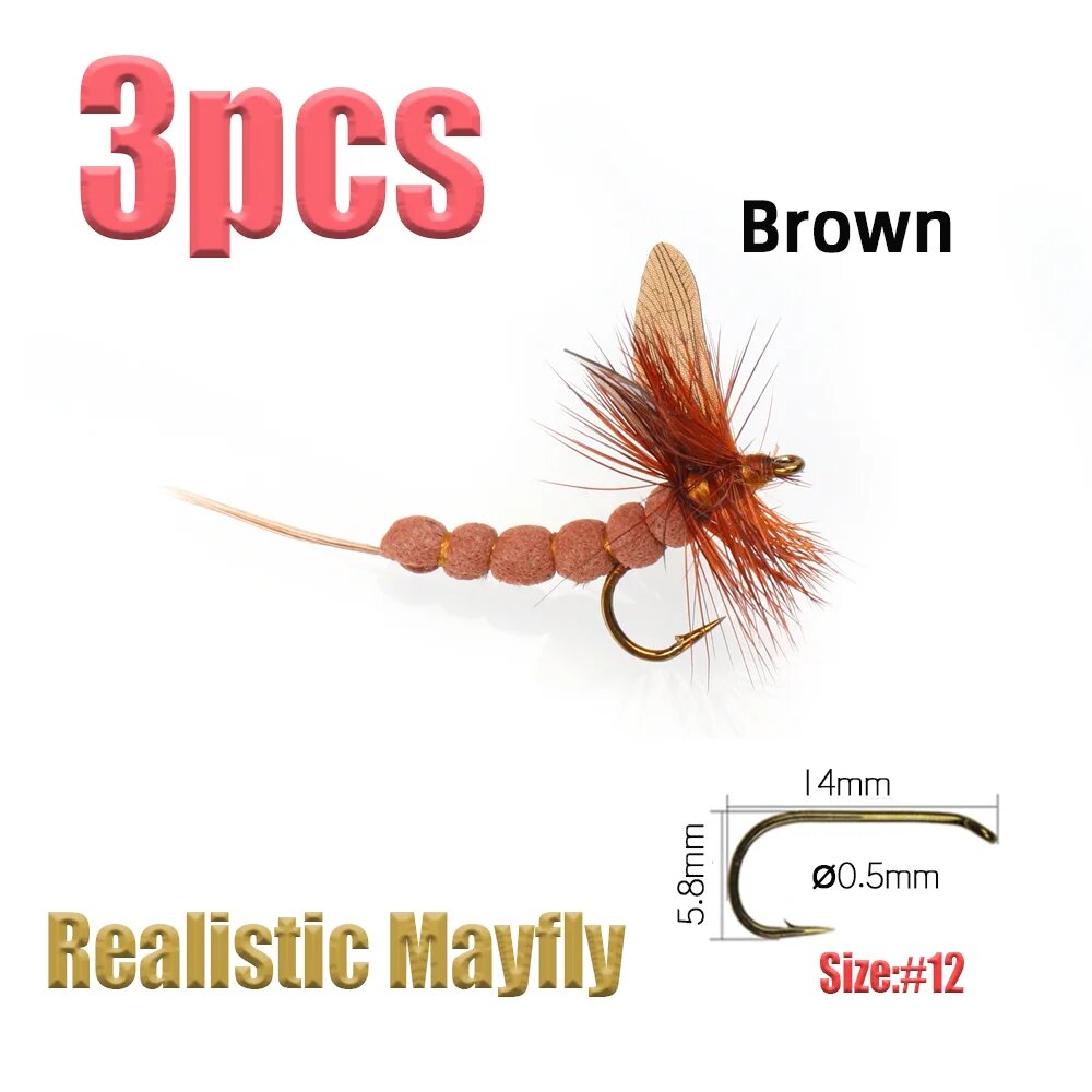Vampfly Сухая мушка Mayfly Grizzly Размер 12 3pcs Brown Mayfly