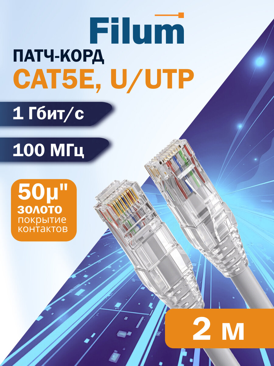 Кабель патч-корд U/UTP 5e кат. 2м Filum FL-PC-U5E-2.0-LSZH-GY 24AWG (7х0.20 мм), чистая медь, LSZH, серый