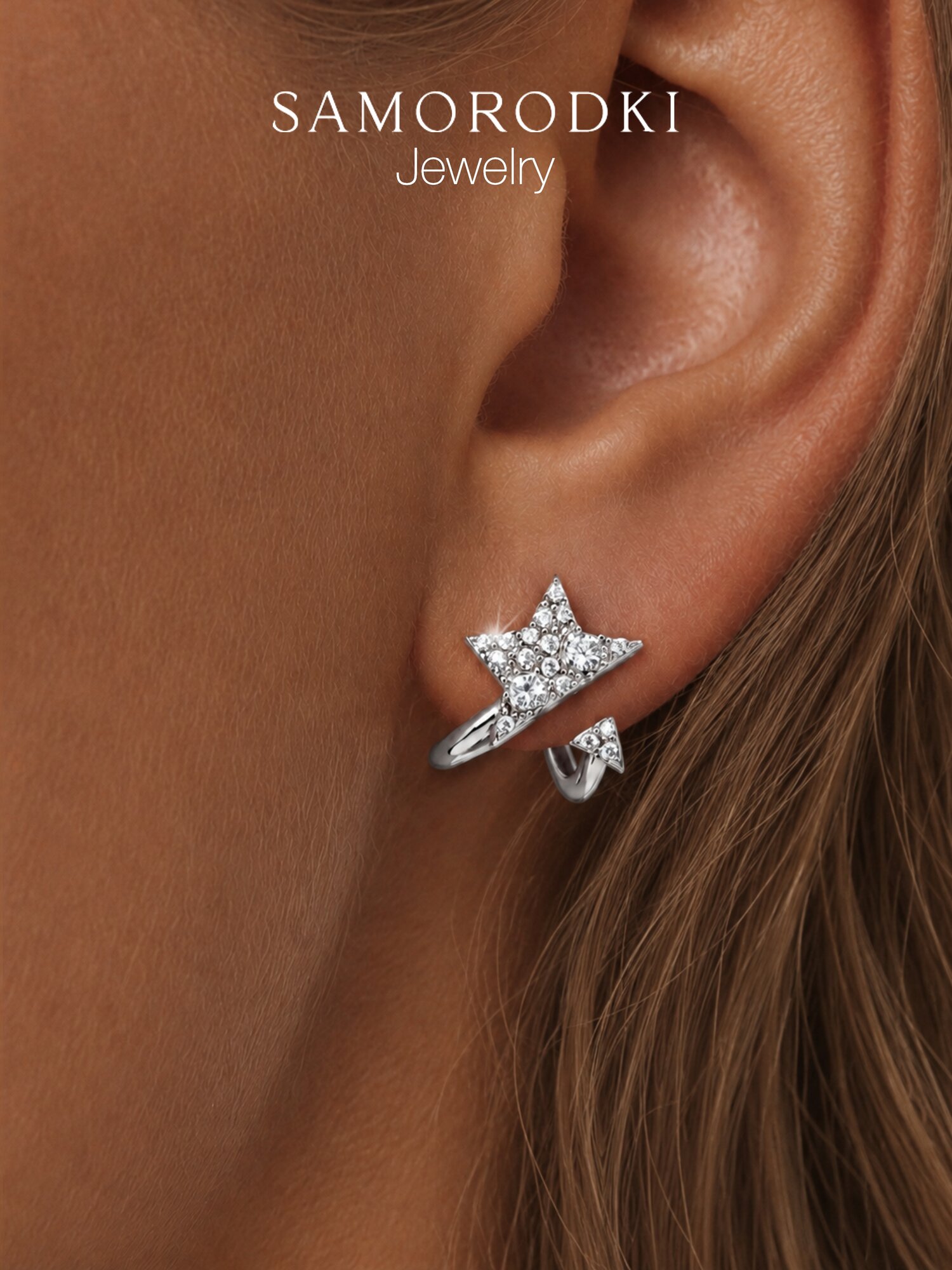 Серьги пусеты SamoroDki Jewelry, серебро, родирование, фианит, , серебристый/белый — фото 1