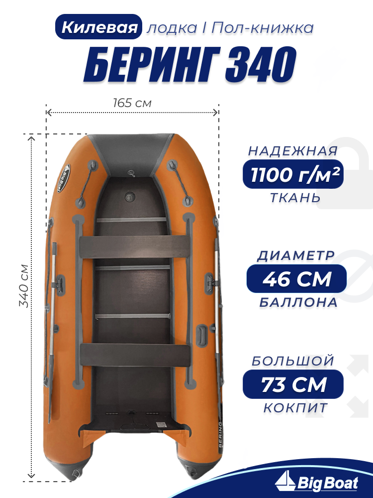 Надувная, под мотор лодка из ПВХ для рыбалки Bering (Беринг) 340К пол-книжка